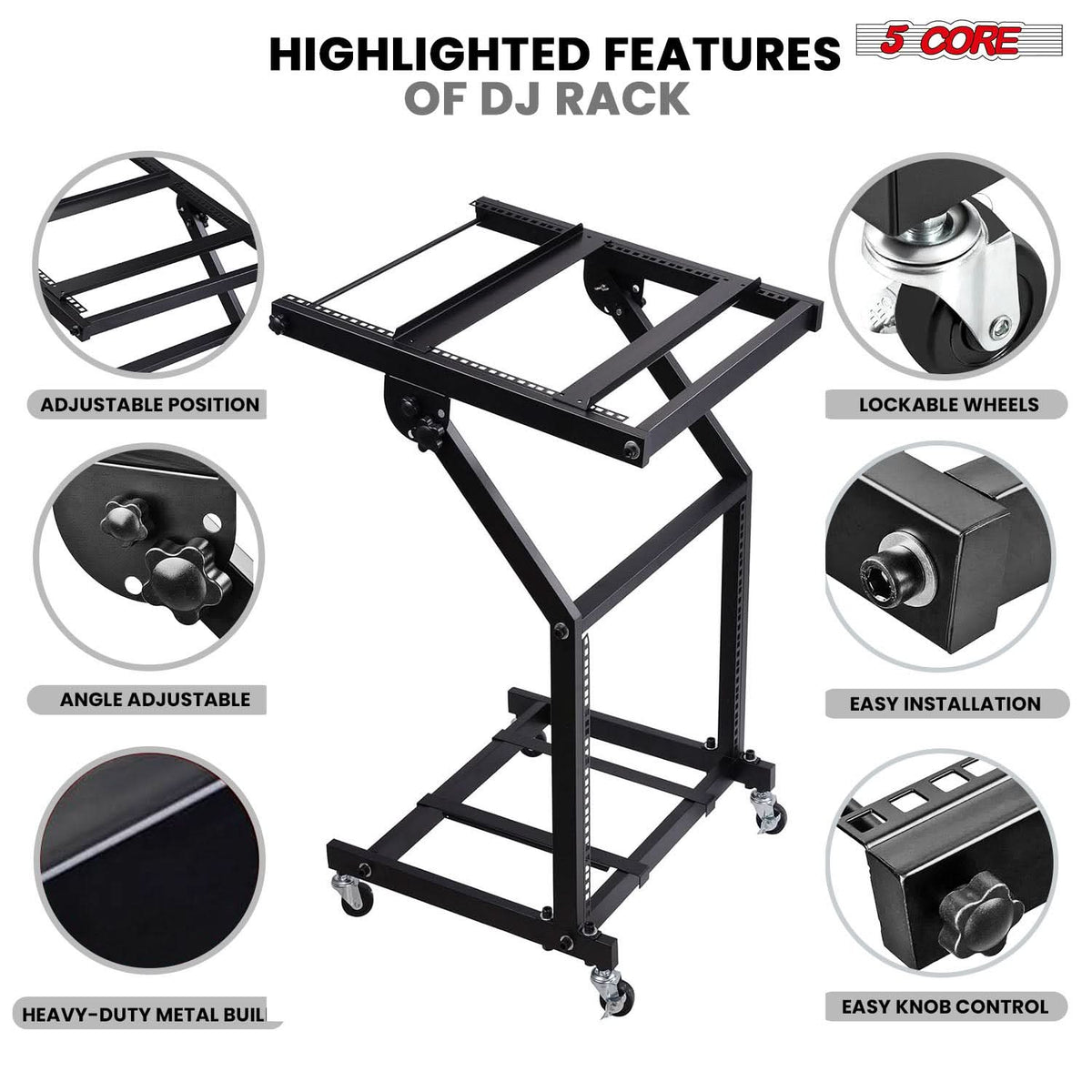 5 Core 9U DJ Mixer Stand Adjustable Rack Mount Cart - 5 Core