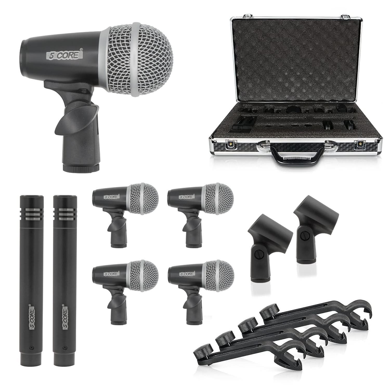5 Core Drum Mic Kit Dynamic Tom Snare Microphones Instrument Mics Set